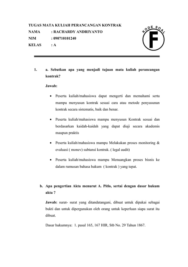 Tugas Kontrak Jawab Soal UTS | DOC