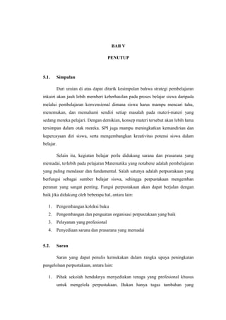 Perpustakaan sebagai Media dalam Implementasi Strategi Pembelajaran Inkuiri (SPI) pada ...