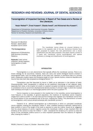 Transmigration of Impacted Canines: A Report of Two Cases and a Review ...