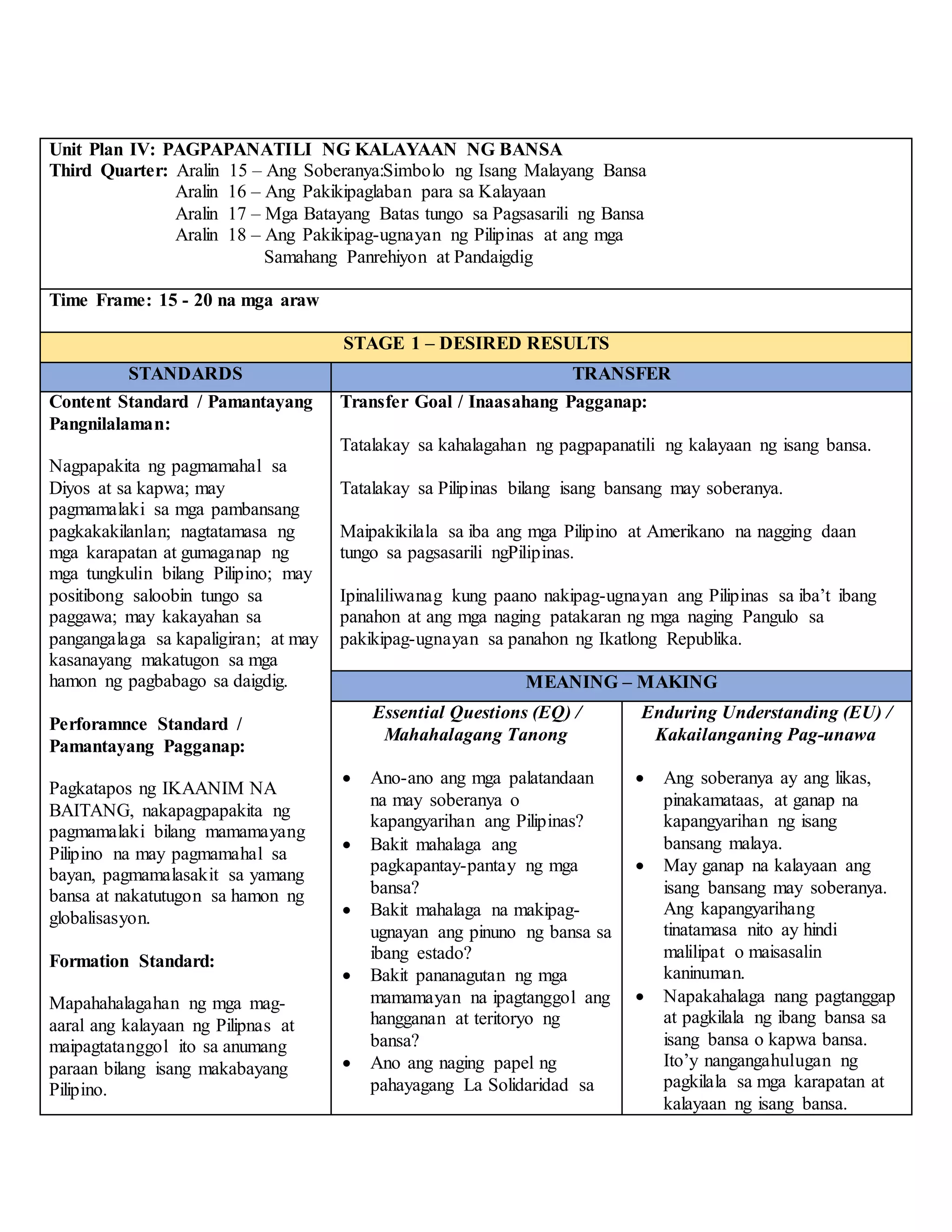 Unit Plan IV - Grade Six | DOCX