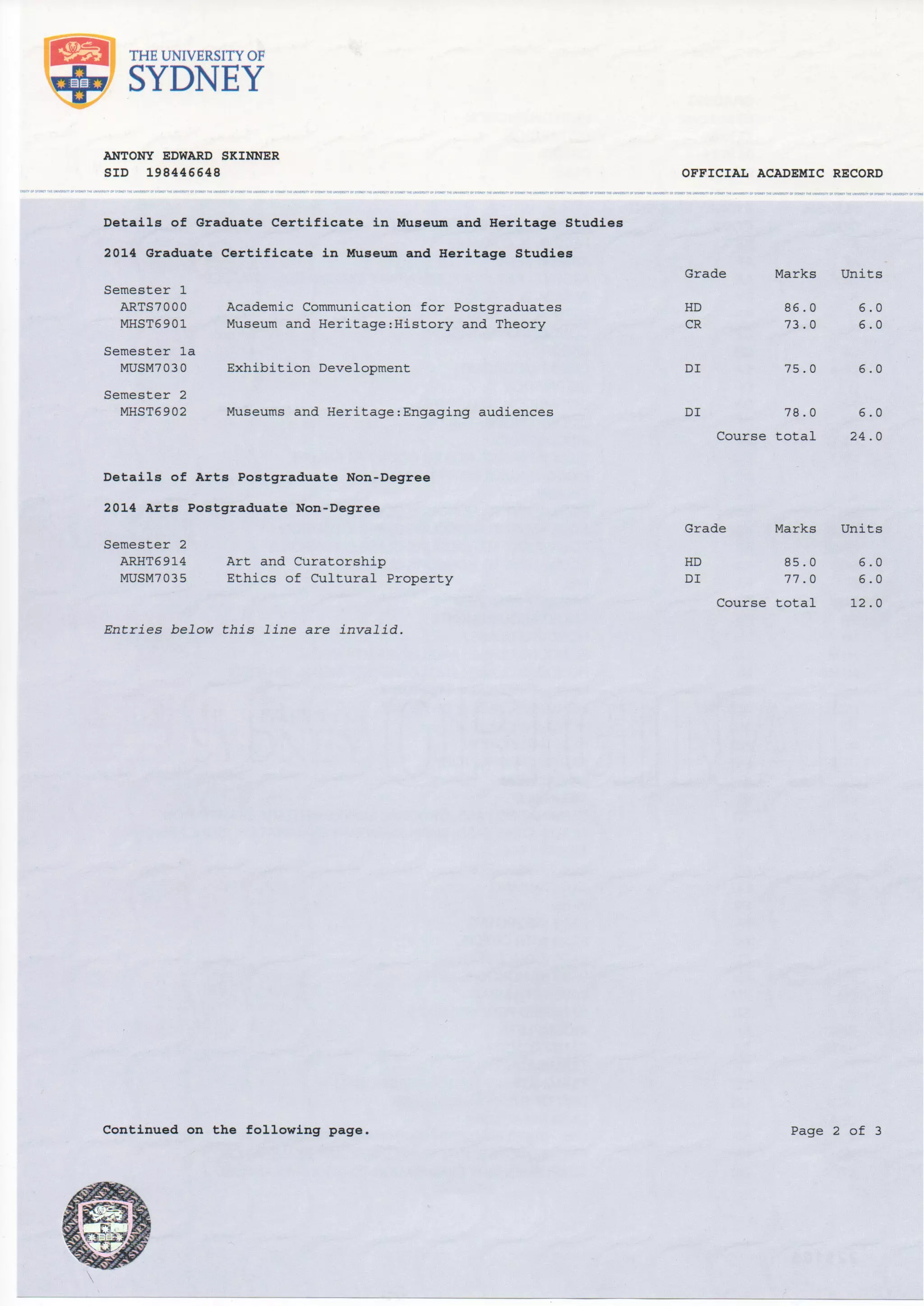 Testamur & Academic Results for Master Degree (MMHS), The University of ...