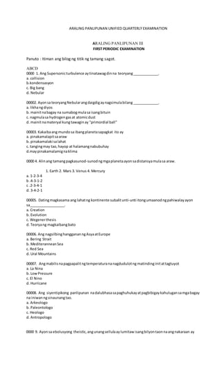 Araling Panlipunan Third Year with Pretest | PDF