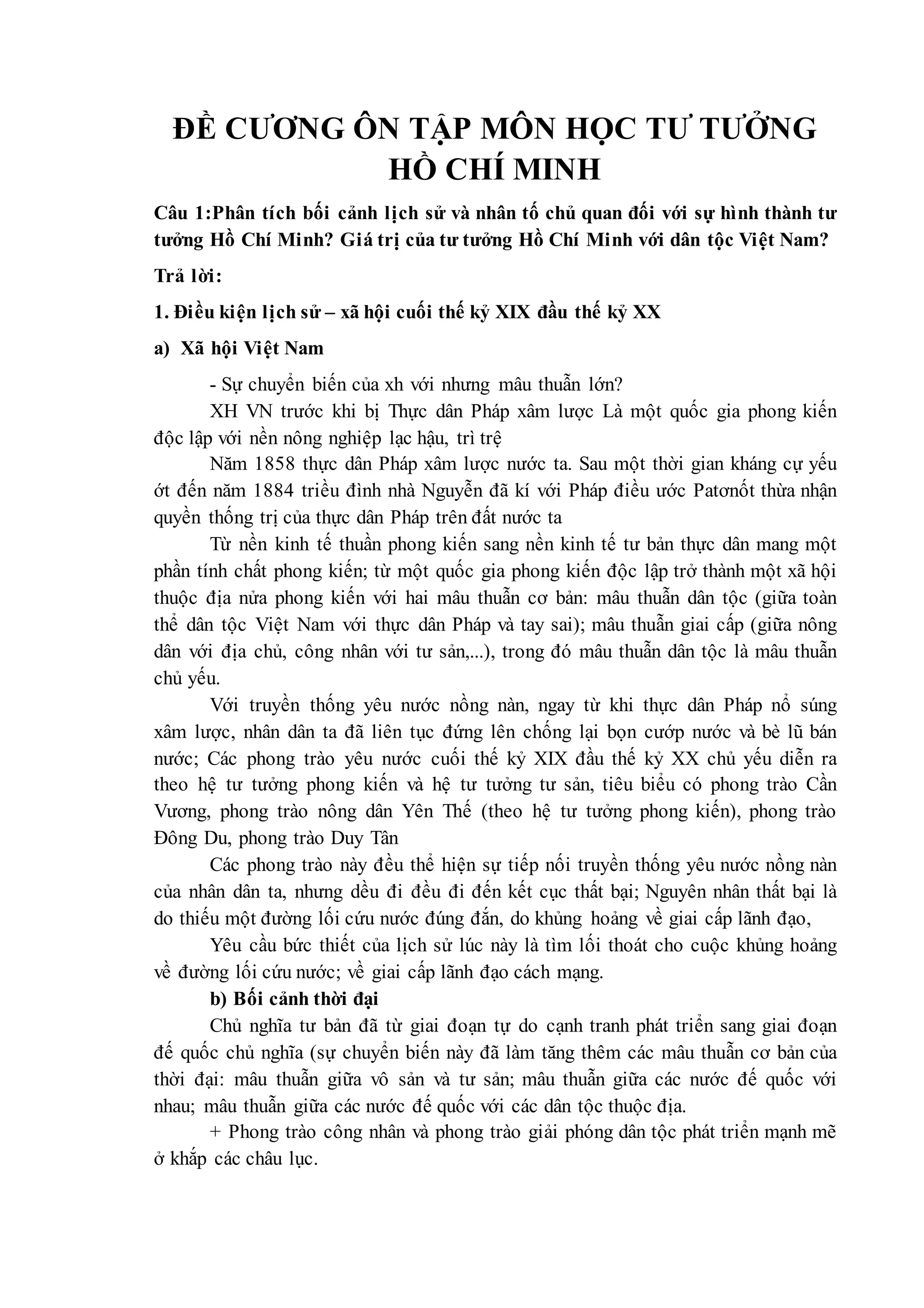 Đề cương ôn tập tư tưởng Hồ Chí Minh | PDF