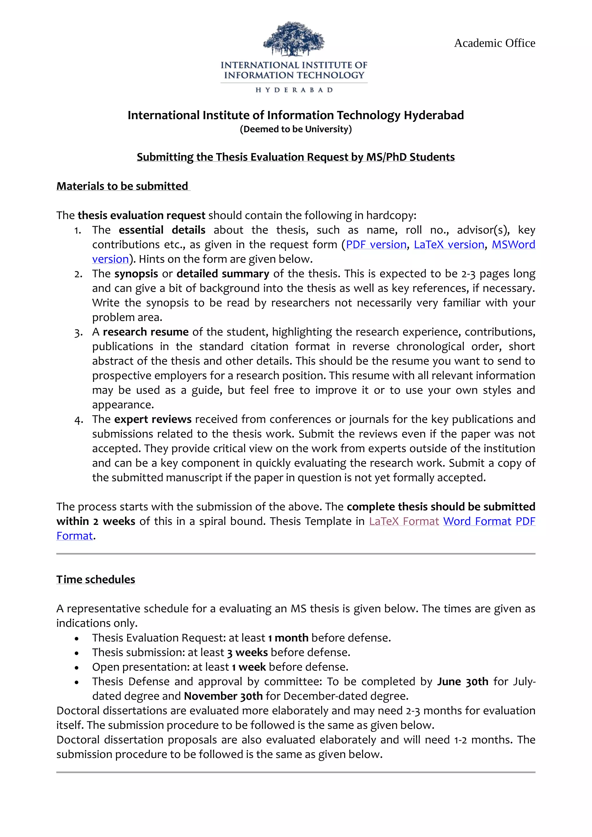 Submitting the Thesis Evaluation Request by MS/PhD Students (IIIT ...