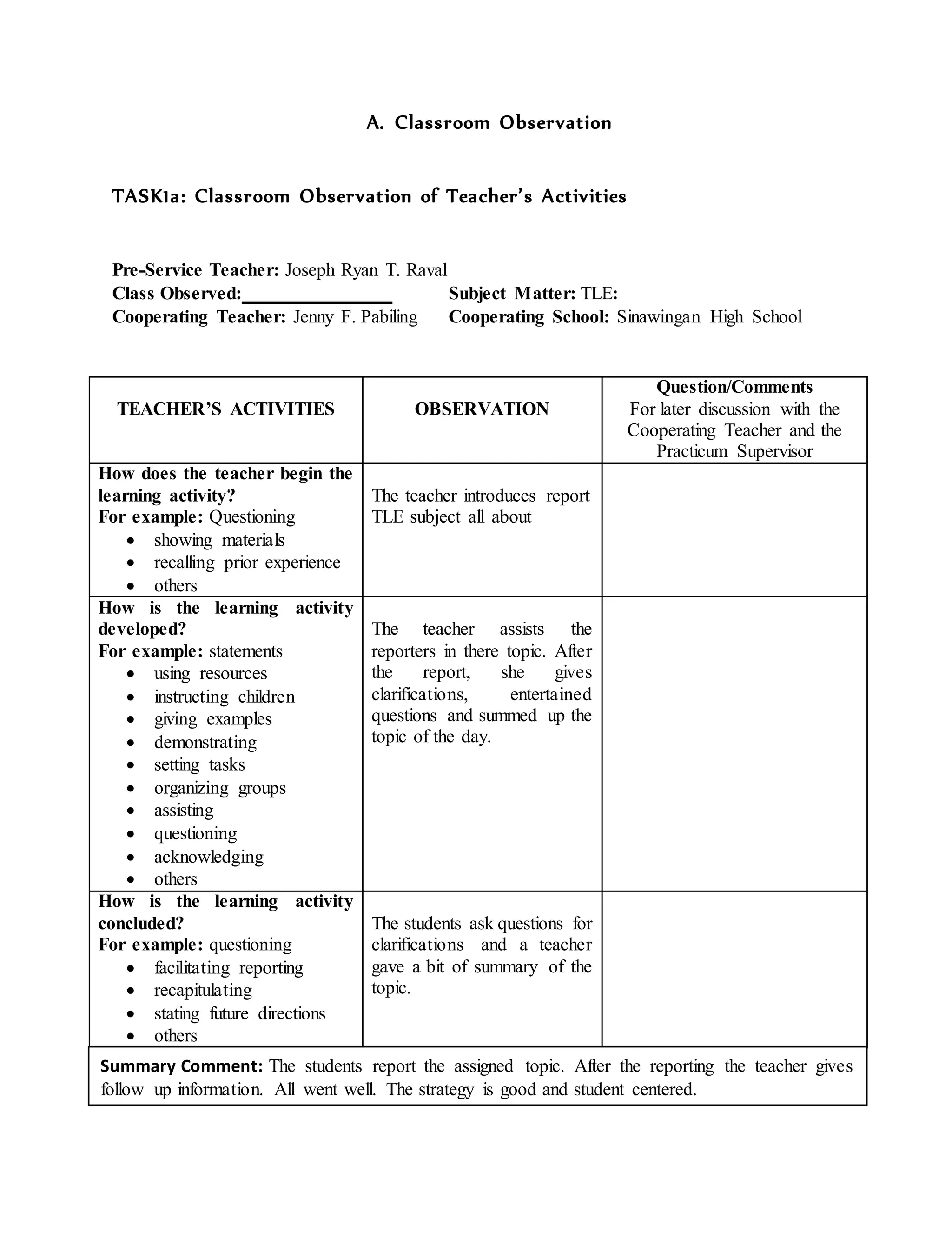 A. classroom observation | PDF