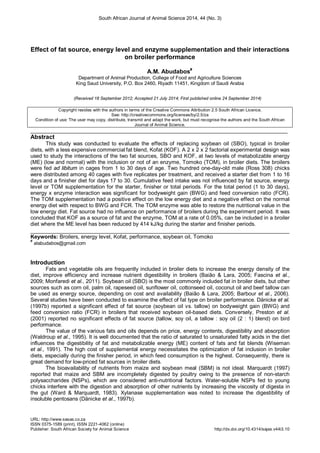 A.m. abudabos 2014 effect of fat source, energy level and enzyme ...