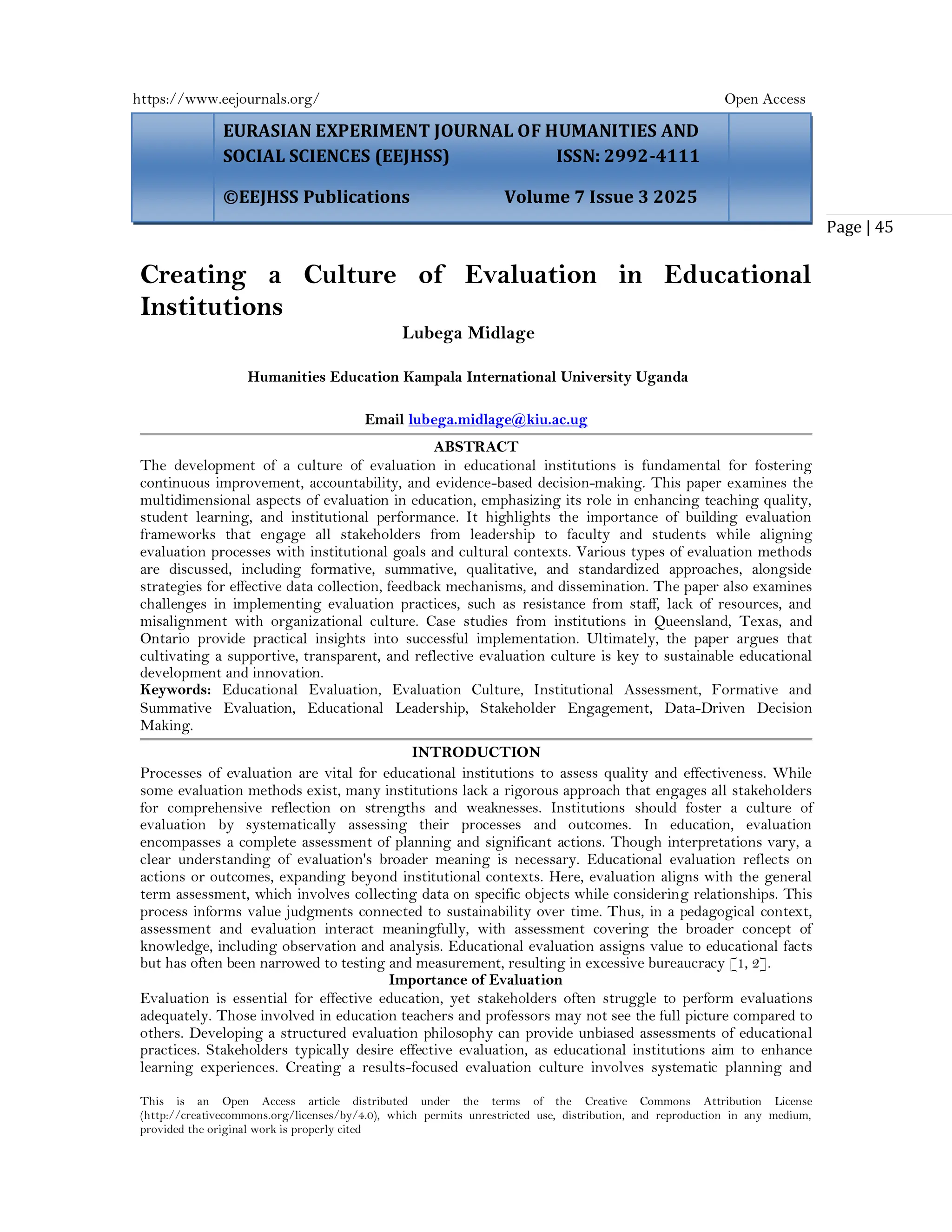 Creating a Culture of Evaluation in Educational Institutions (www.kiu.ac.ug) | PDF