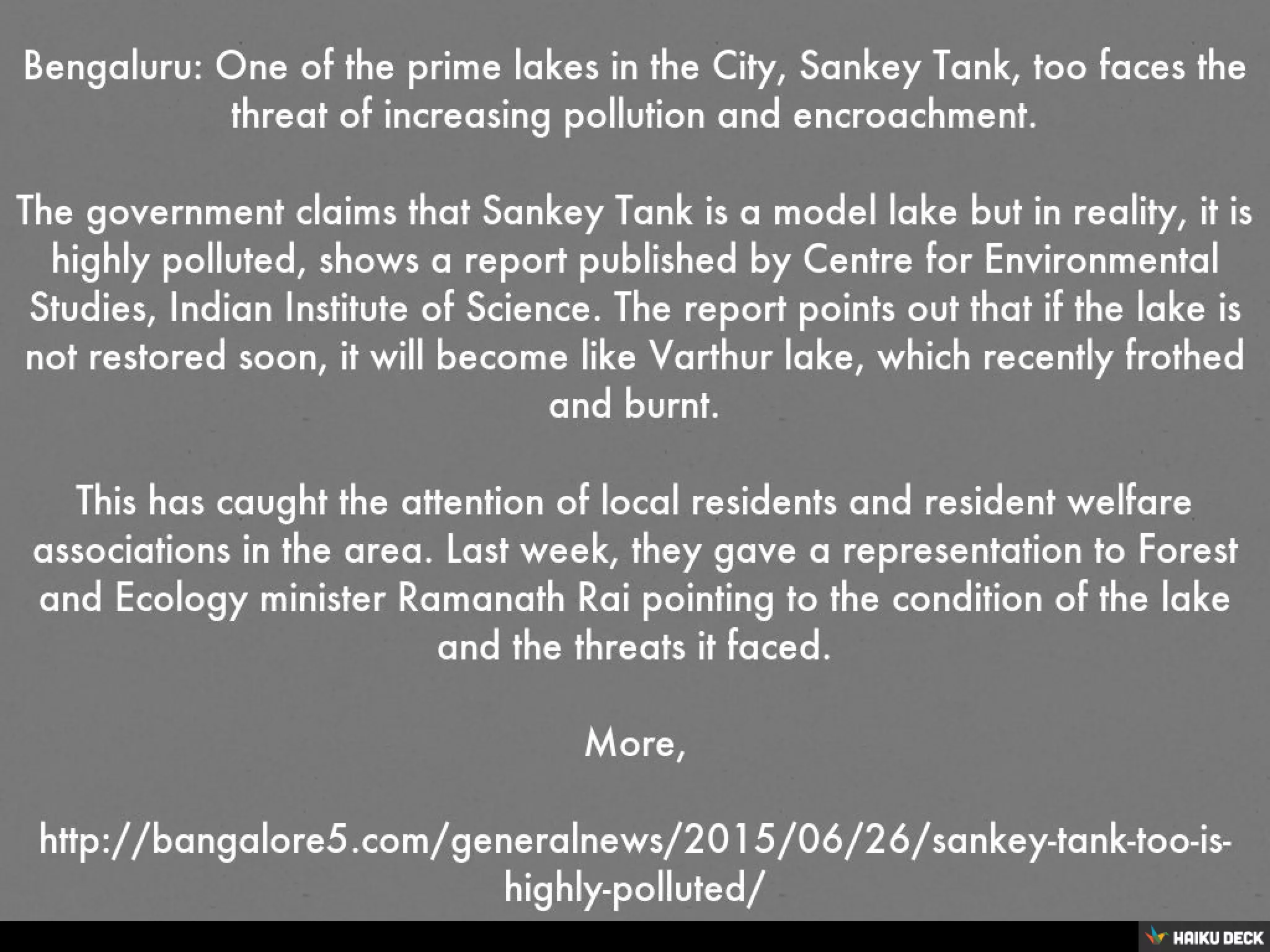 SANKEY TANK TOO IS HIGHLY POLLUTED | PDF