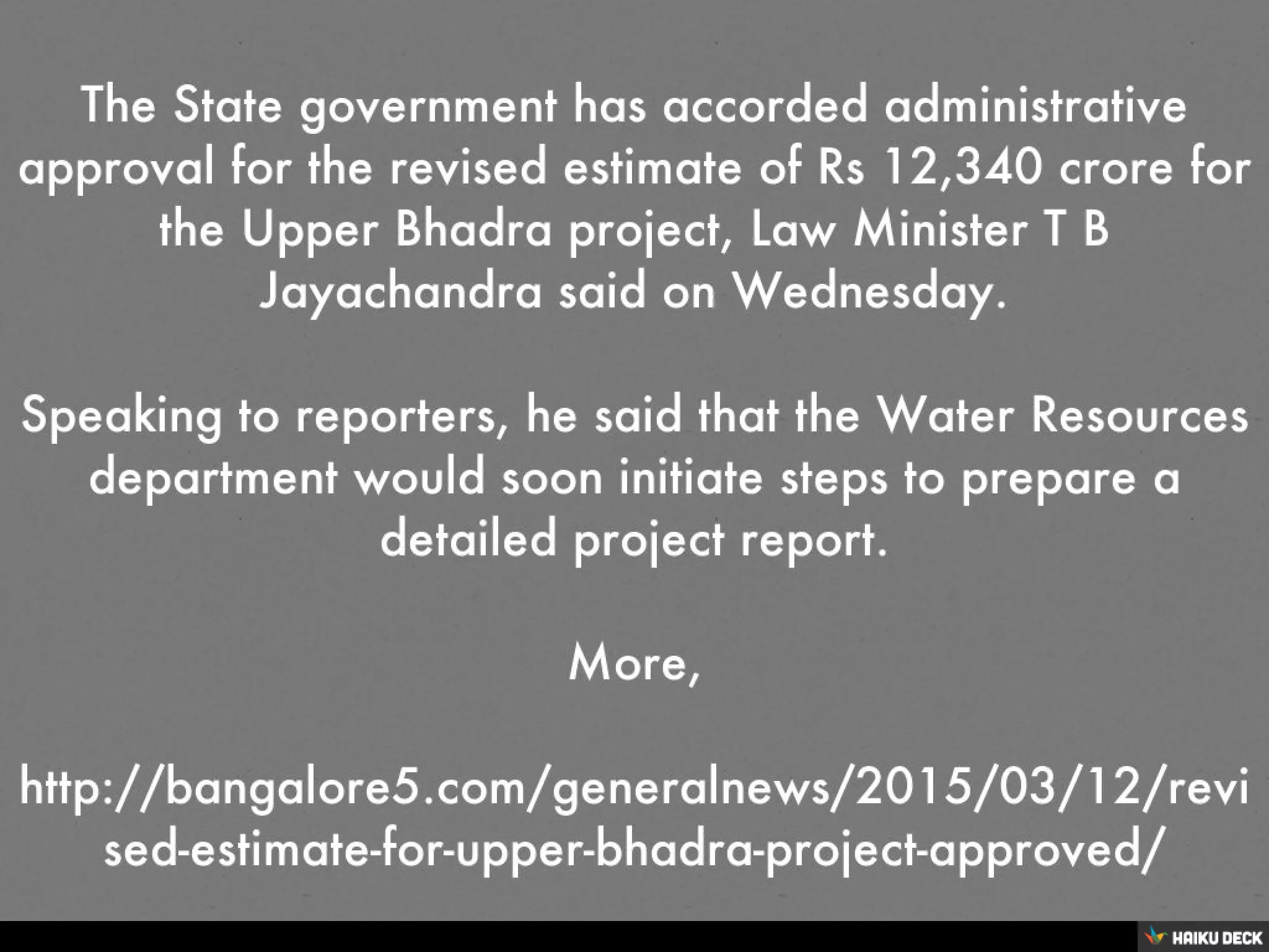 REVISED ESTIMATE FOR UPPER BHADRA PROJECT APPROVED | PDF