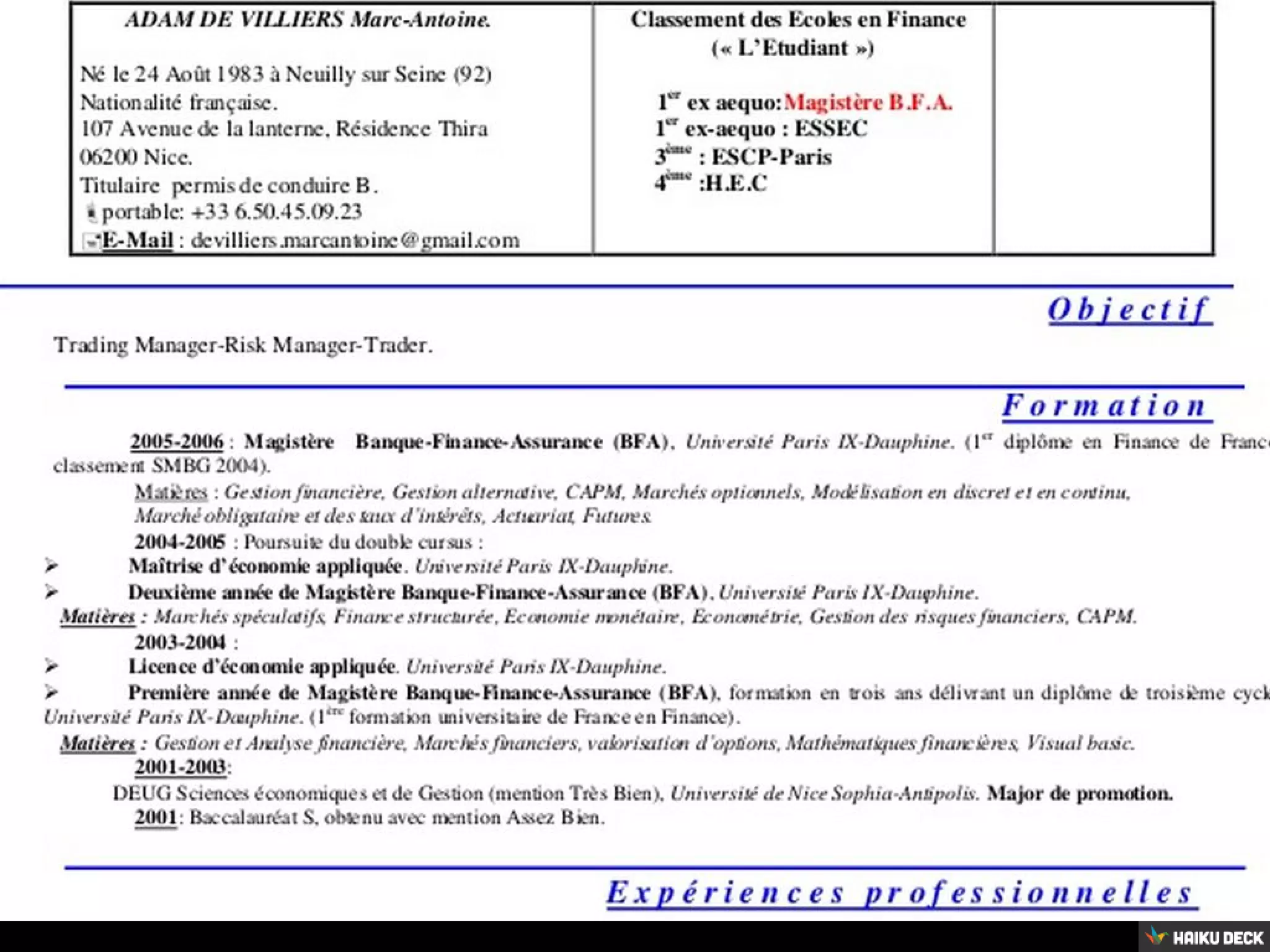 CV MARC ANTOINE DE VILLIERS | PDF