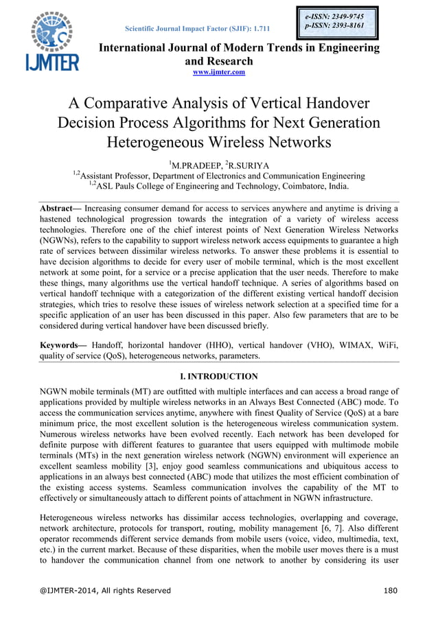 A Comparative Analysis of Vertical Handover Decision Process Algorithms for Next Generation ...