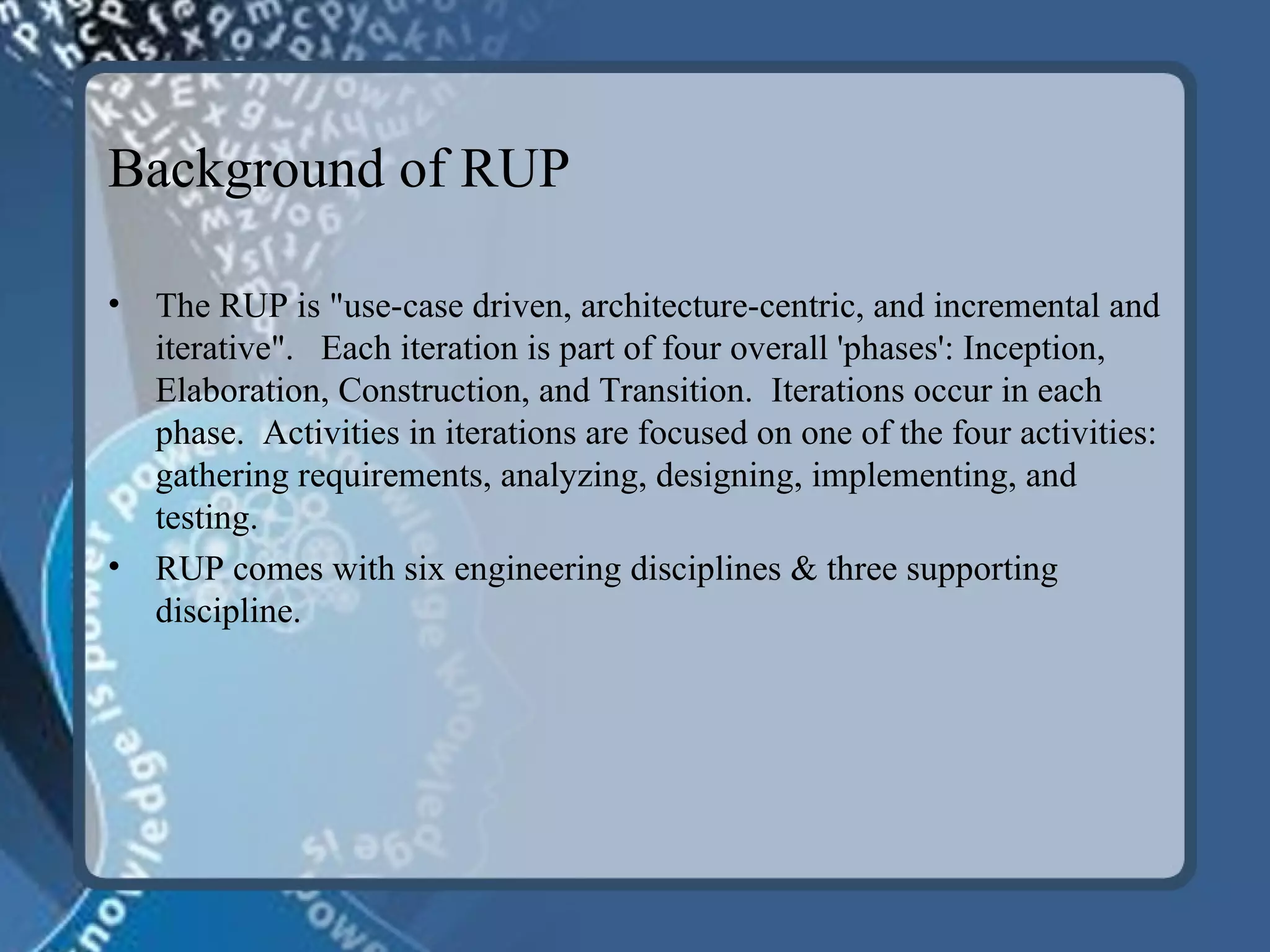A Comparative study of Rational Unified process( RUP ), Agile & Microsoft Framework(MSF) | PPT