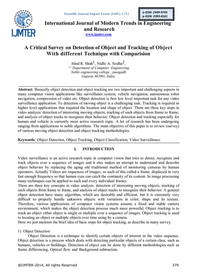 A Critical Survey on Detection of Object and Tracking of Object With different Technique with ...