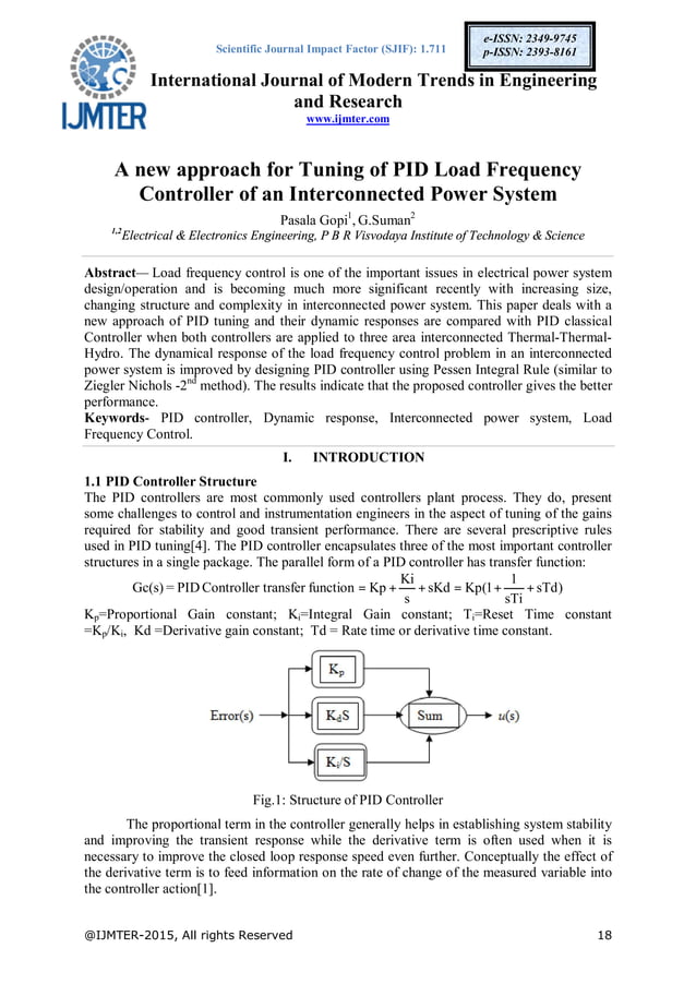 A new approach for Tuning of PID Load Frequency Controller of an Interconnected Power System | PDF