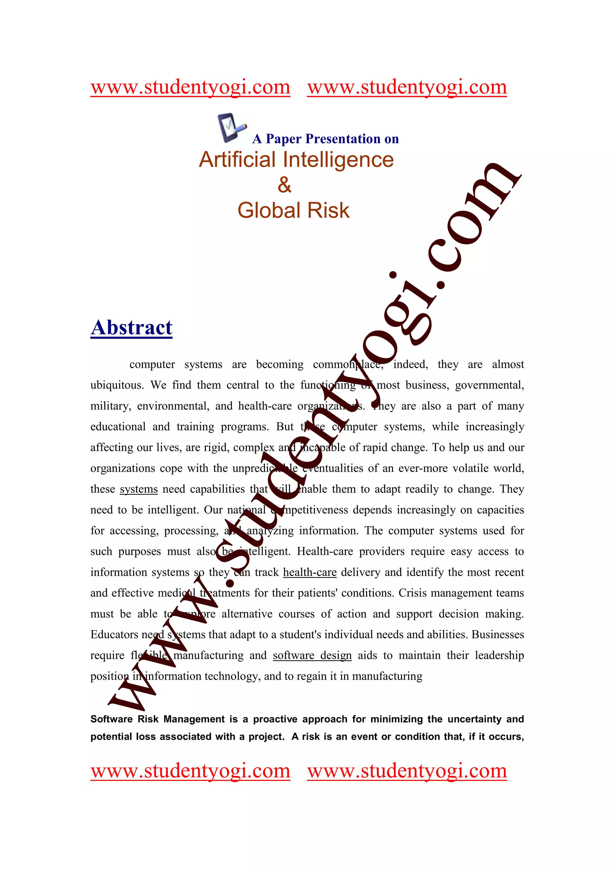 A Paper Presentation On Artificial Intelligence And Global Risk Paper Presentation | PDF