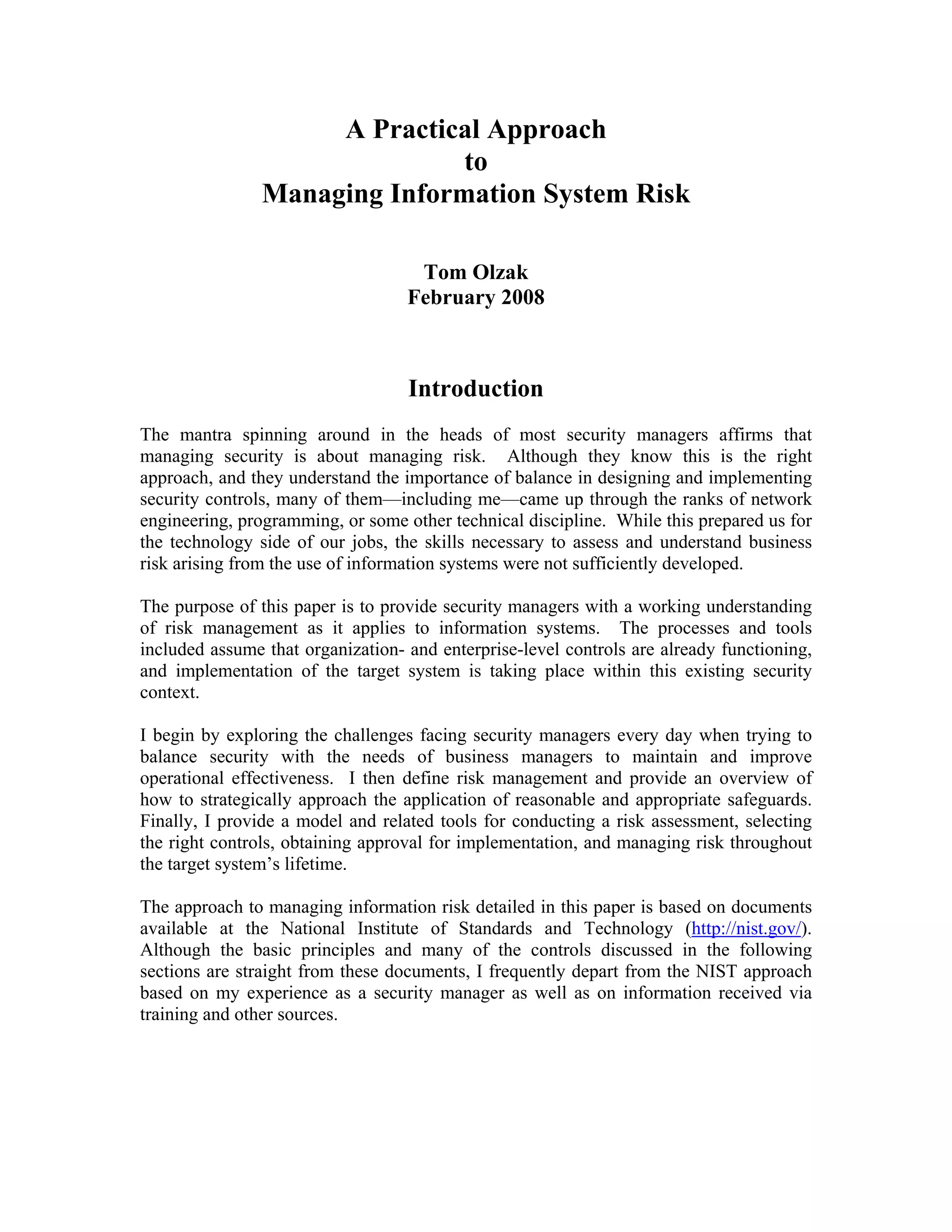 A Practical Approach to Managing Information System Risk | PPT