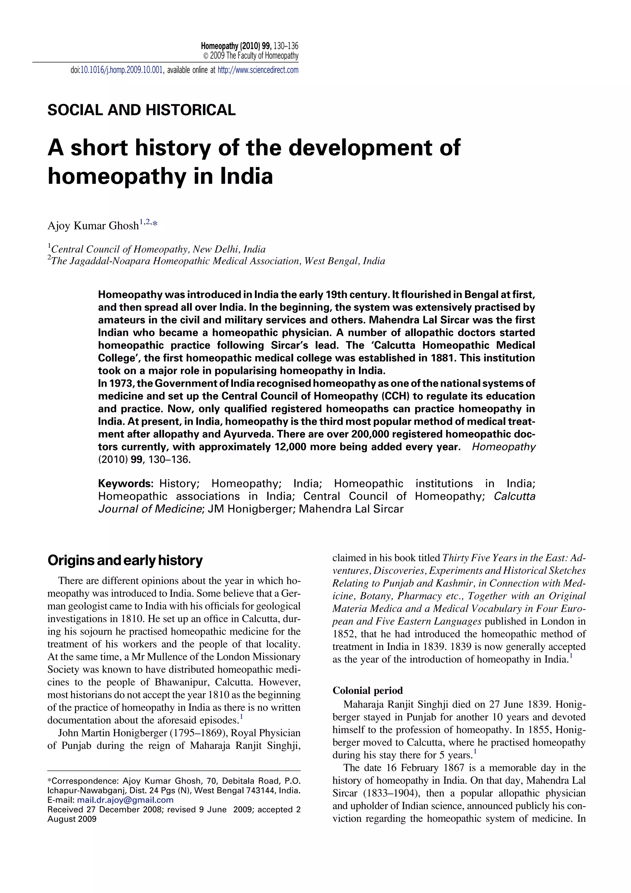 A short history of the development of homeopathy in India | PDF