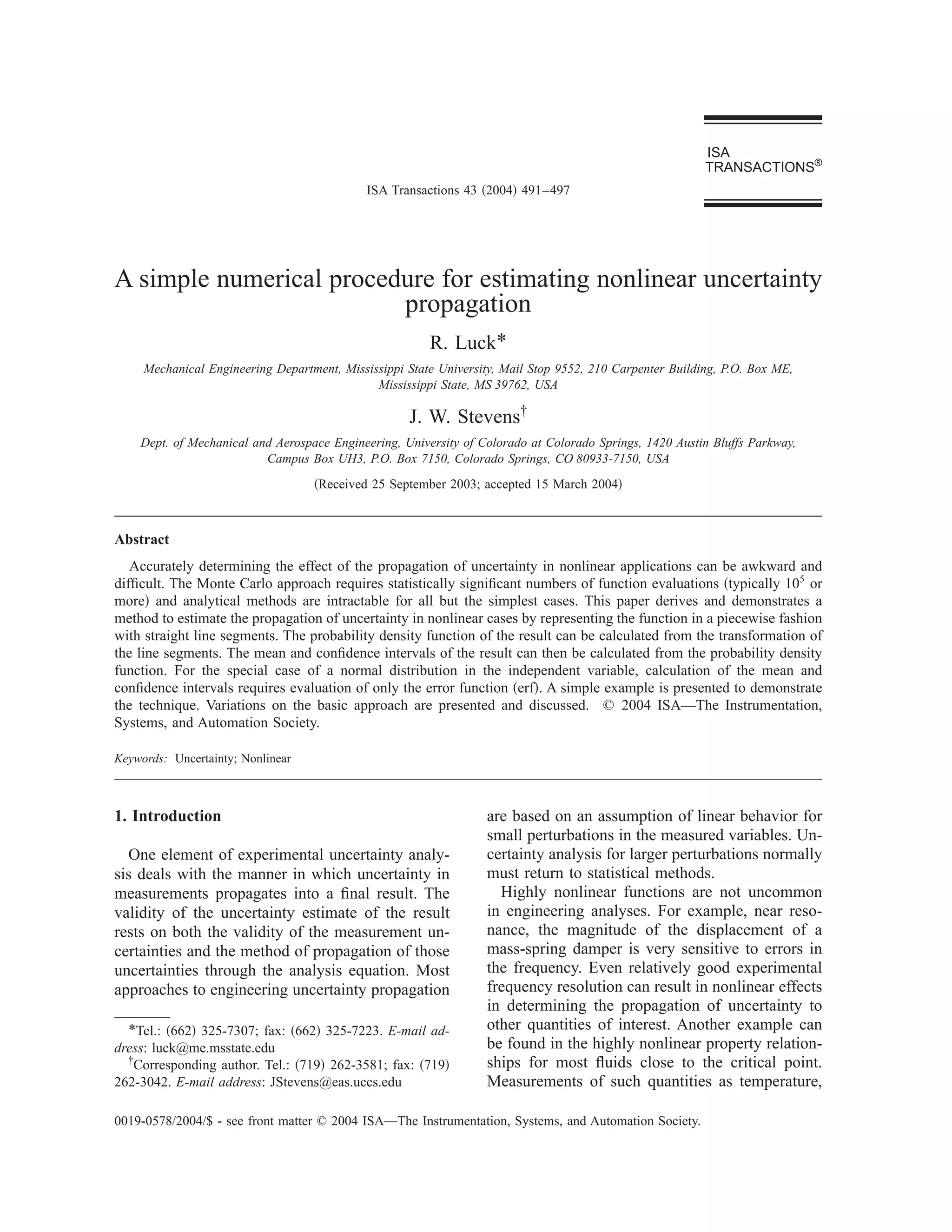 A Simple Method for Estimating Nonlinear Uncertainty Propagation | PDF