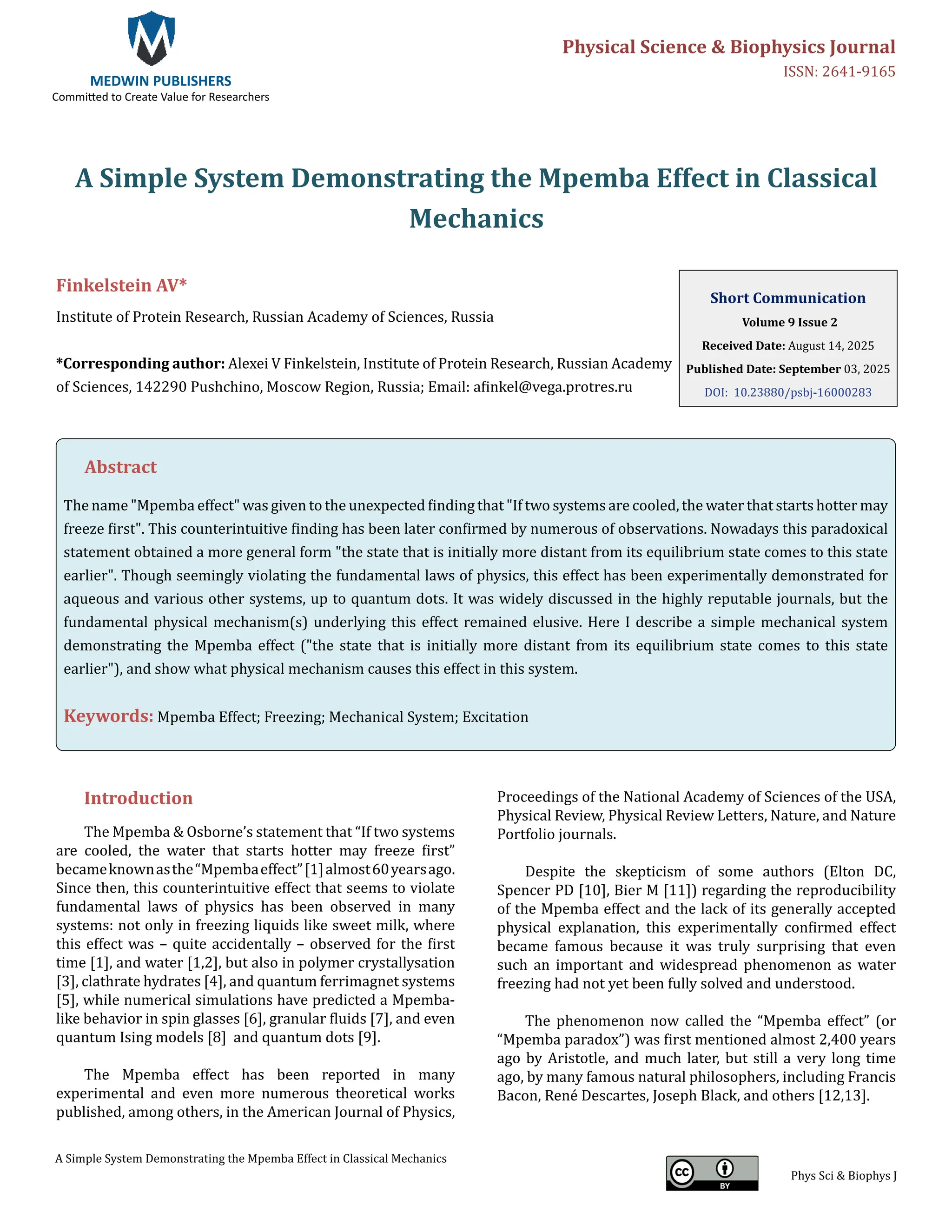 A Simple System Demonstrating the Mpemba Effect in Classical Mechanics ...