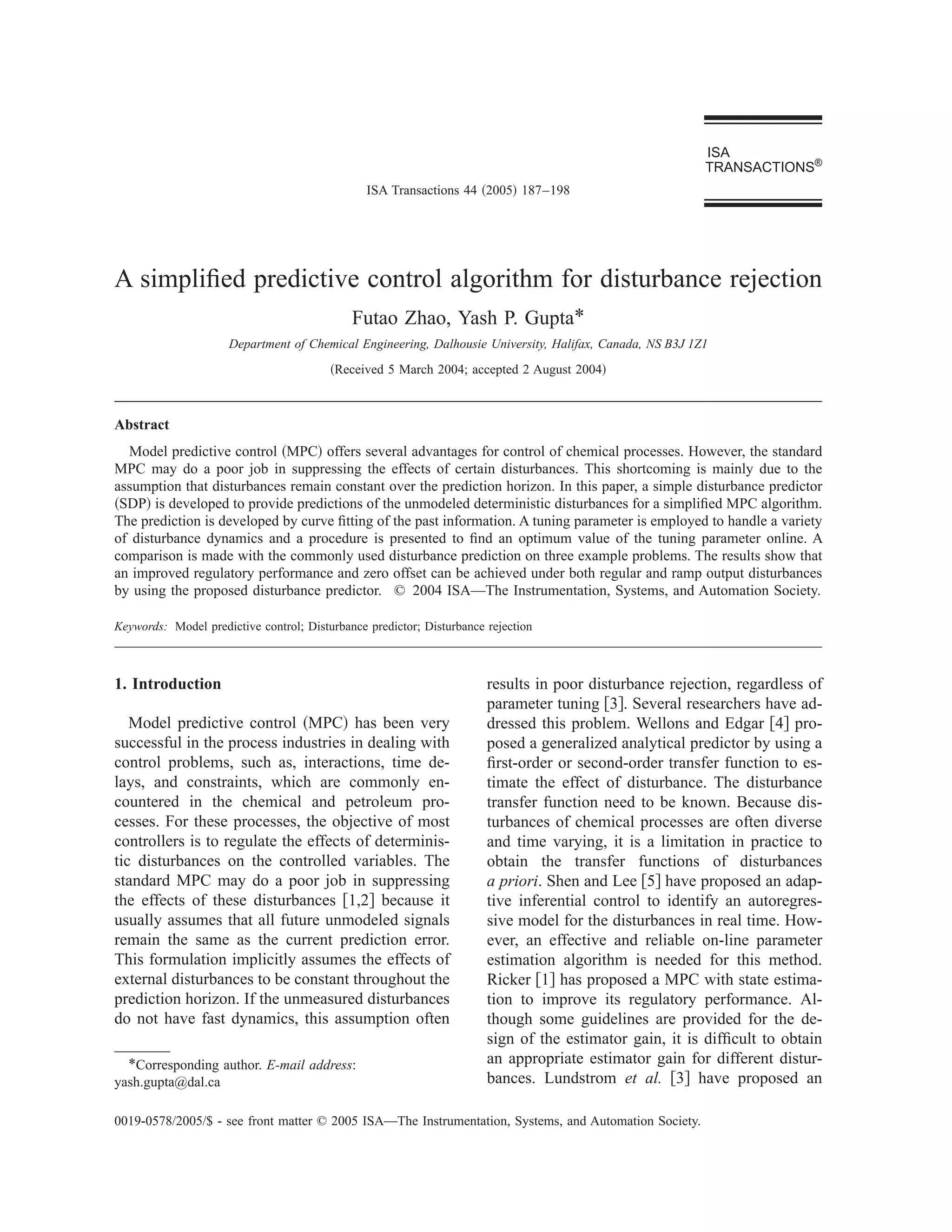 A simplified predictive control algorithm for disturbance rejection | PDF