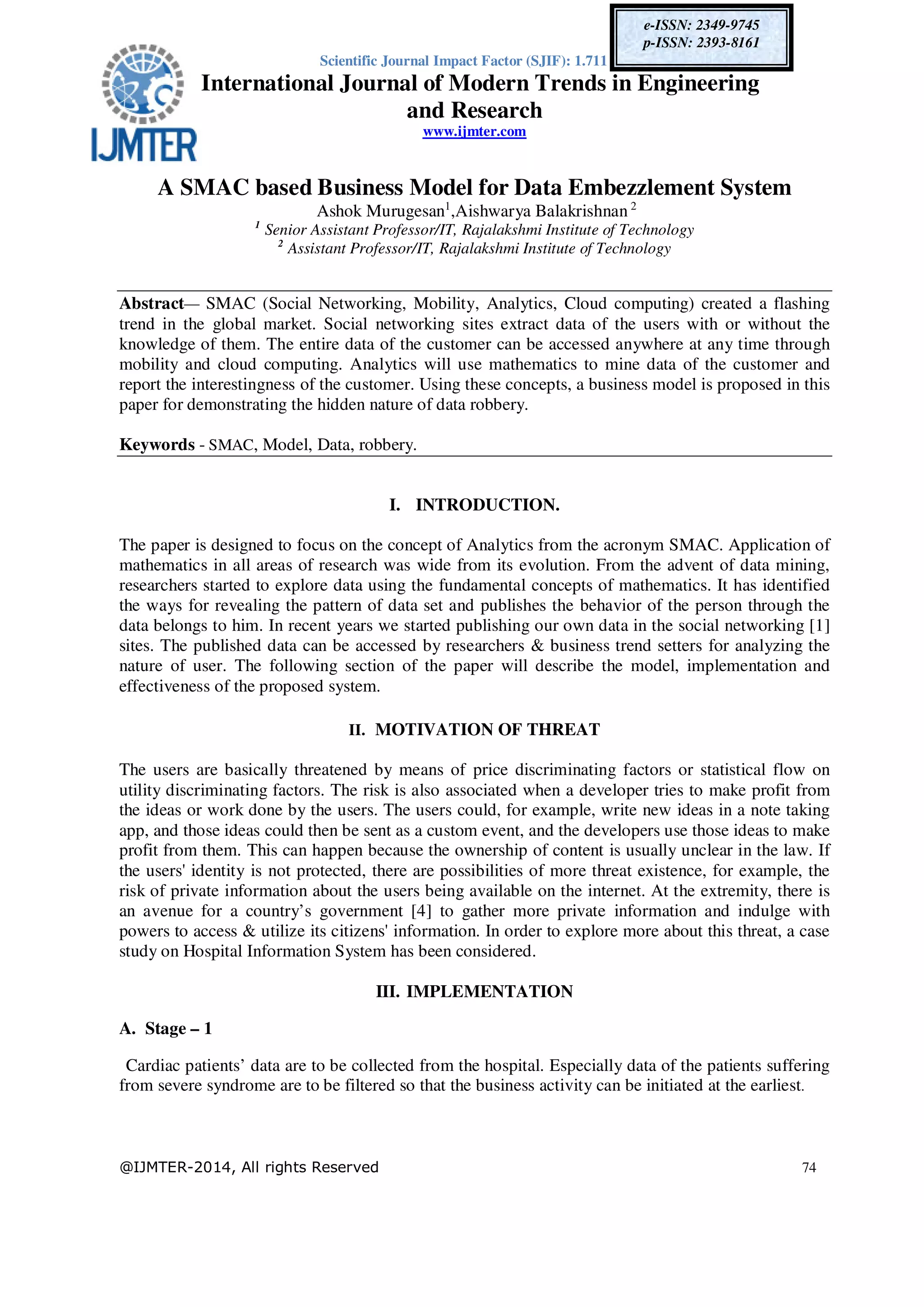 A SMAC based Business Model for Data Embezzlement System | PDF