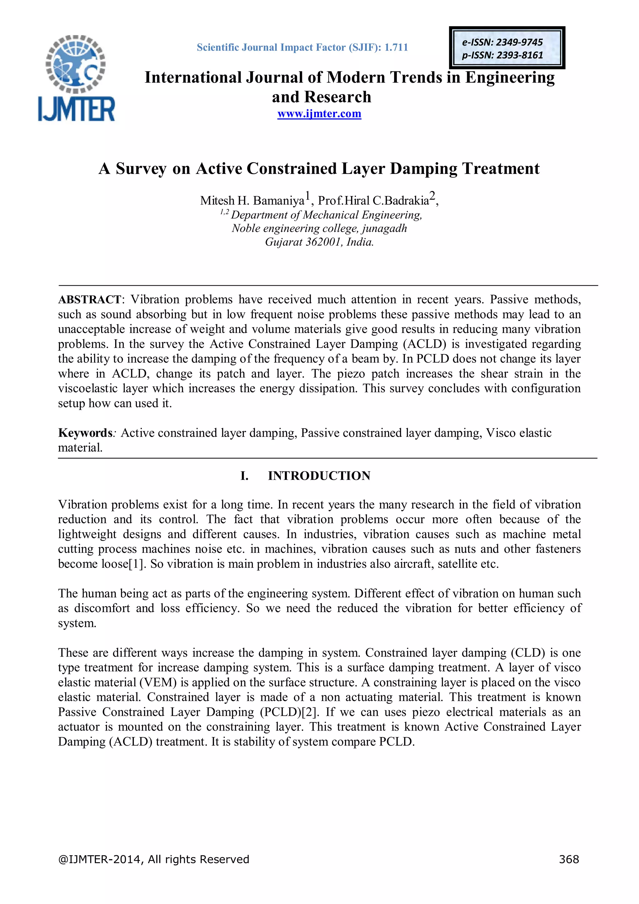 A Survey on Active Constrained Layer Damping Treatment | PDF