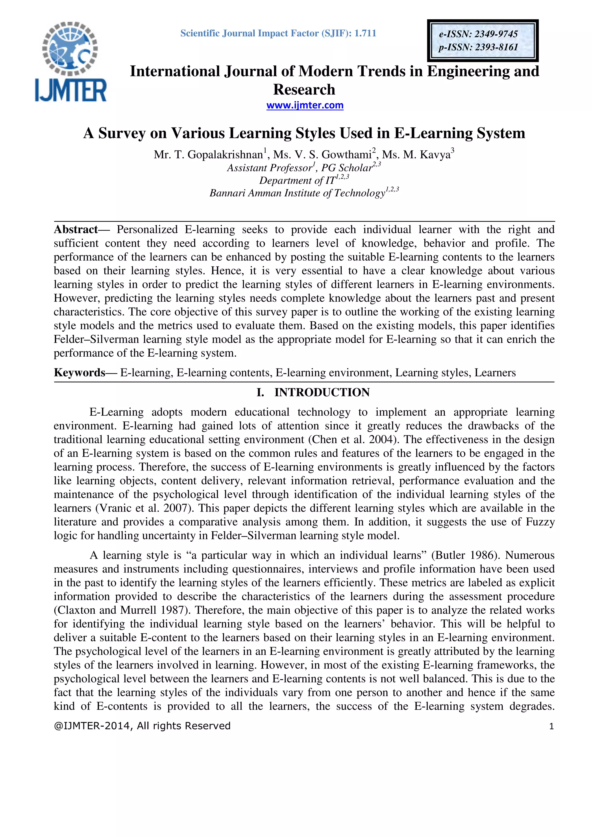 A Survey on Various Learning Styles Used in E-Learning System | PDF