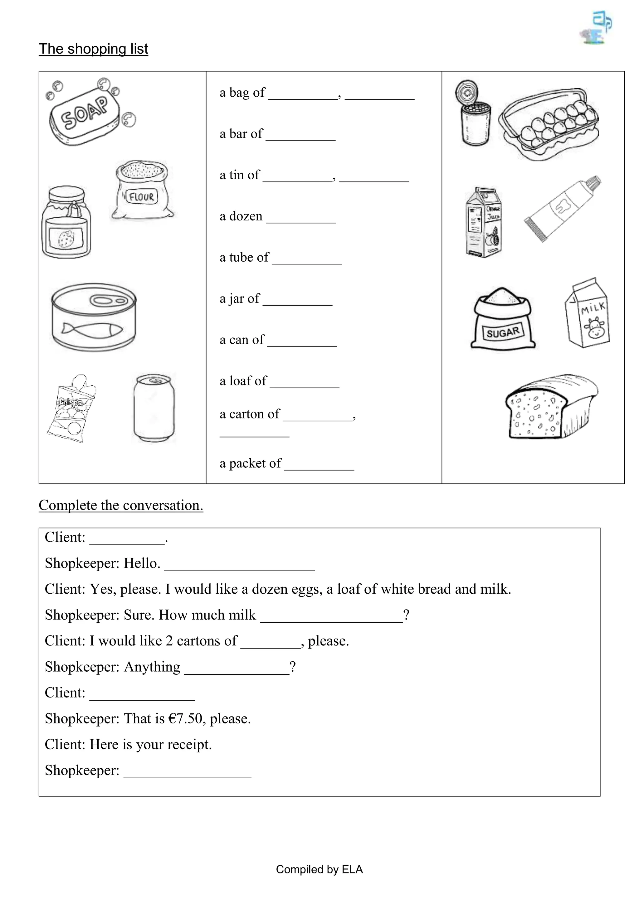 Shopping list - containers - nouns - grocery list | DOCX