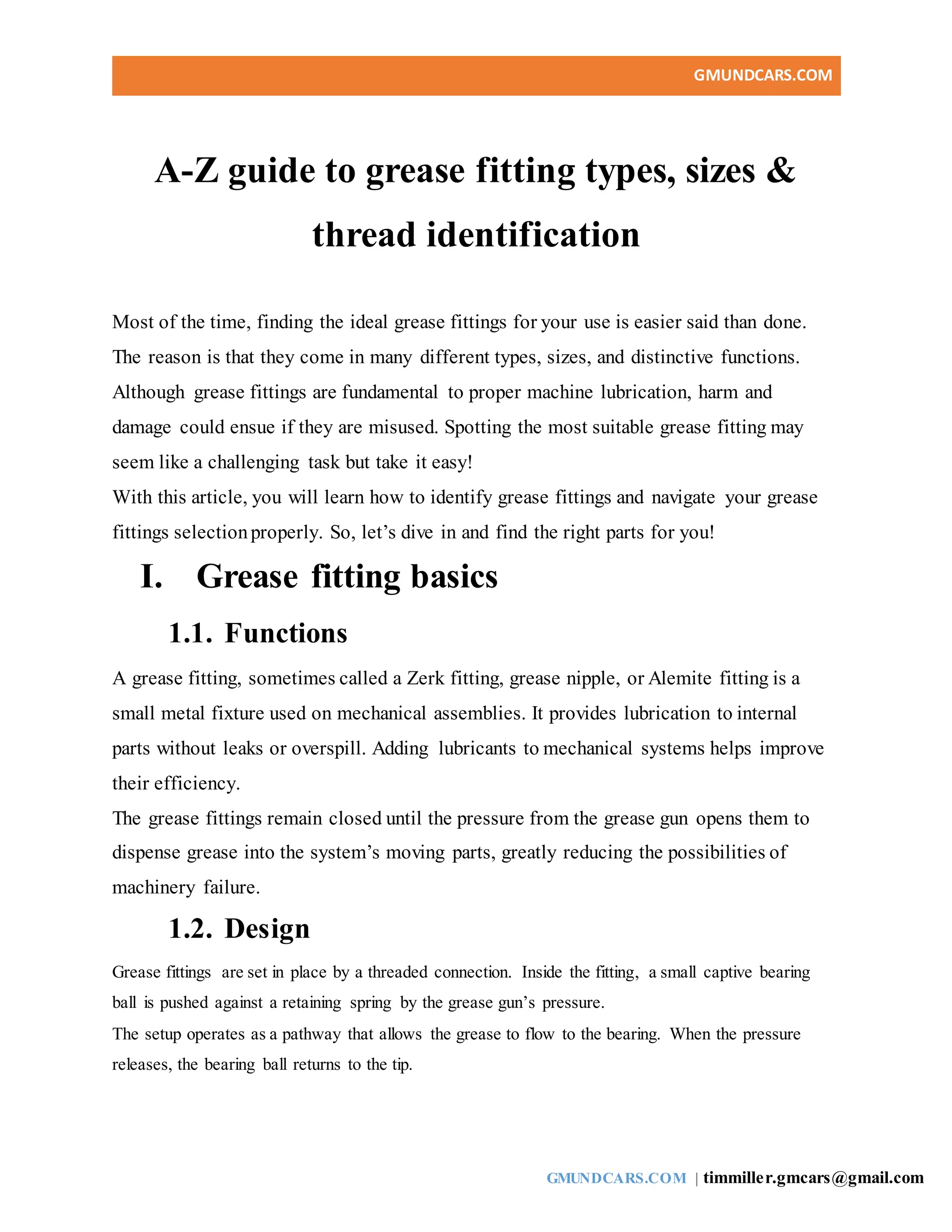 A-Z Guide To Grease Fitting Types, Sizes & Thread Identification | DOCX