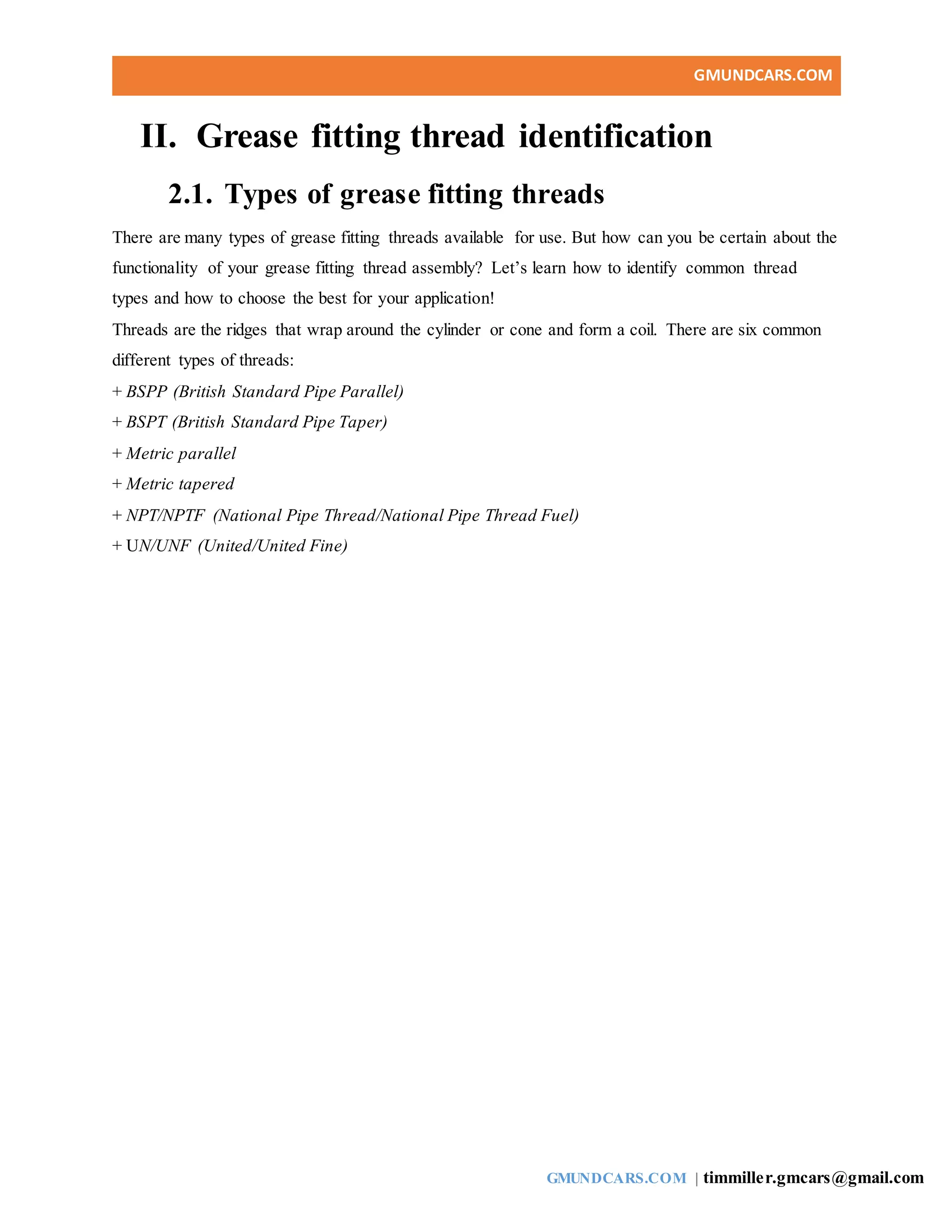 A-Z Guide To Grease Fitting Types, Sizes & Thread Identification | DOCX