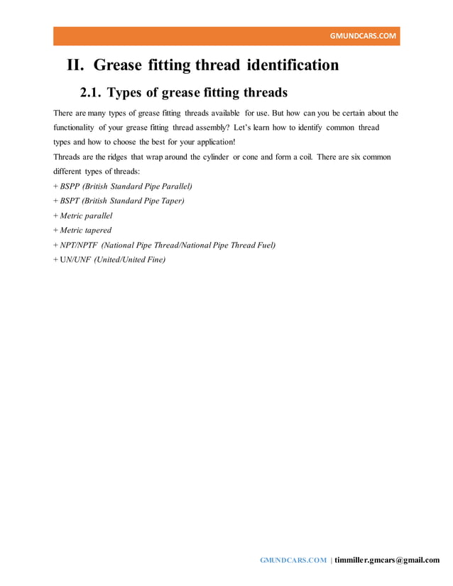 A-Z Guide To Grease Fitting Types, Sizes & Thread Identification | DOCX