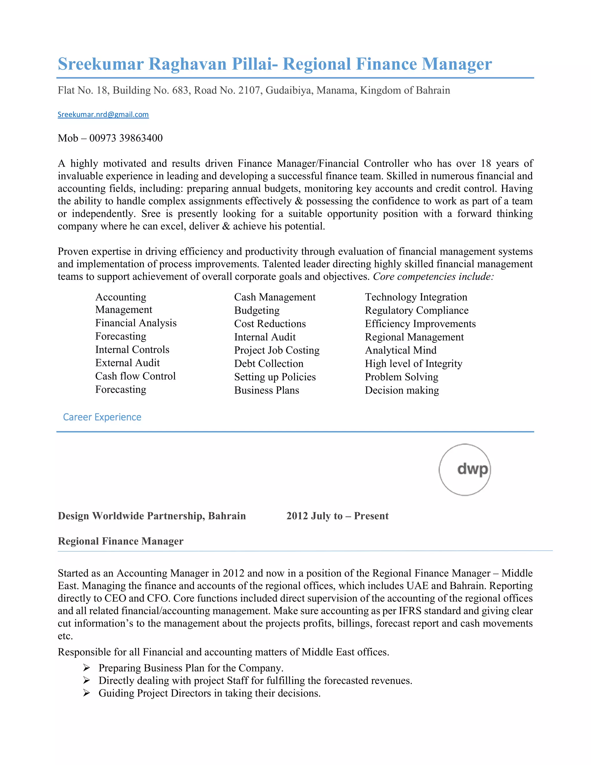 Sreekumar R Pillai - CV | PDF | Business Accounting & Finance | Business