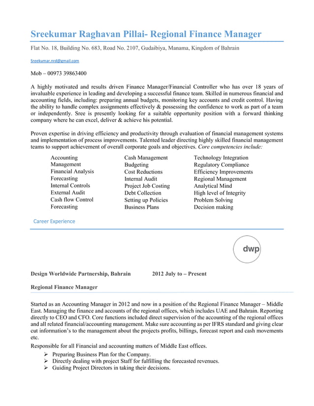 Sreekumar R Pillai - CV | PDF | Business Accounting & Finance | Business