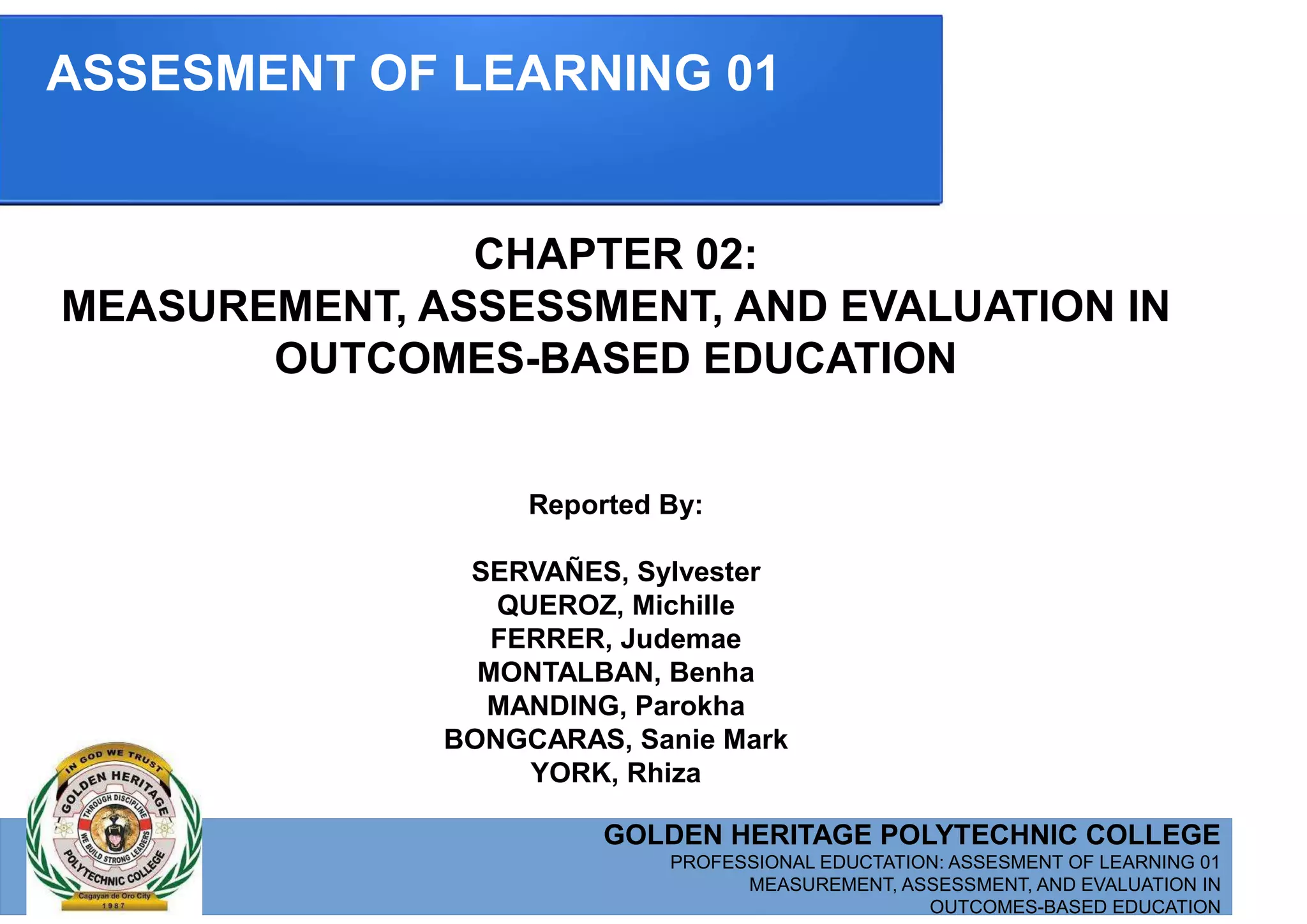 Measurement Assessment and Evaluation in Outcomes-based Education (02 ...