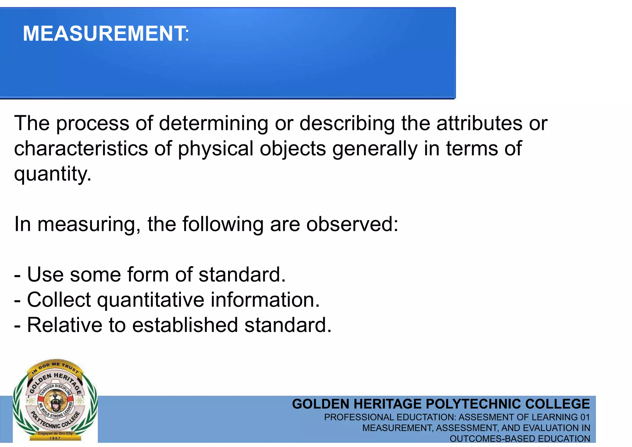 Measurement Assessment and Evaluation in Outcomes-based Education (02 ...