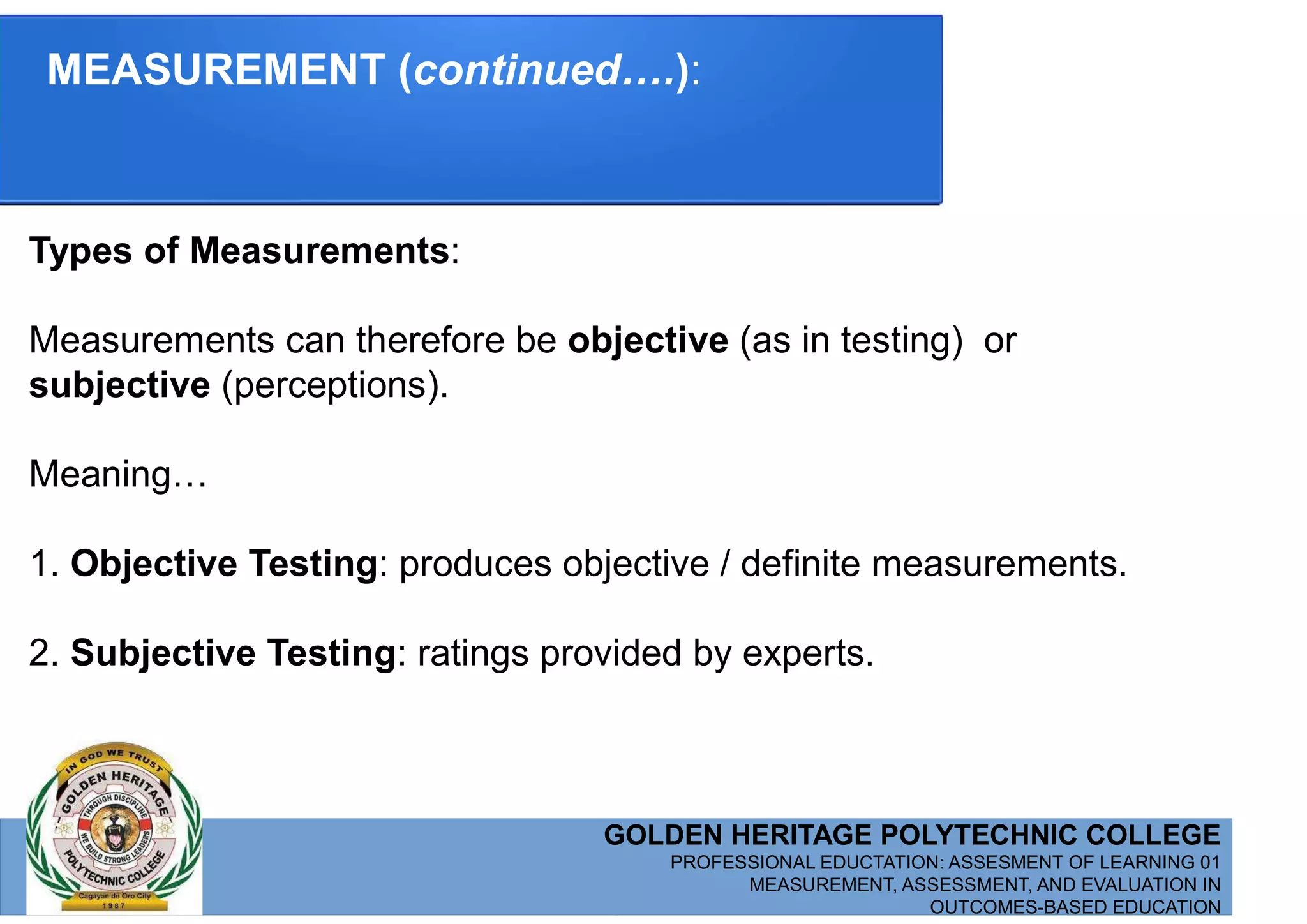 Measurement Assessment and Evaluation in Outcomes-based Education (02 ...