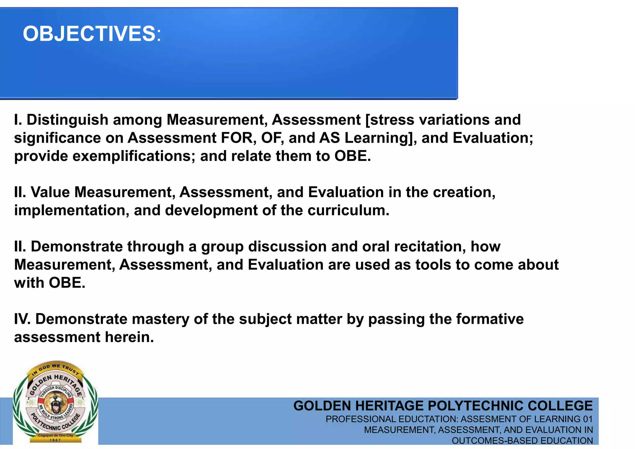 Measurement Assessment and Evaluation in Outcomes-based Education (02 ...