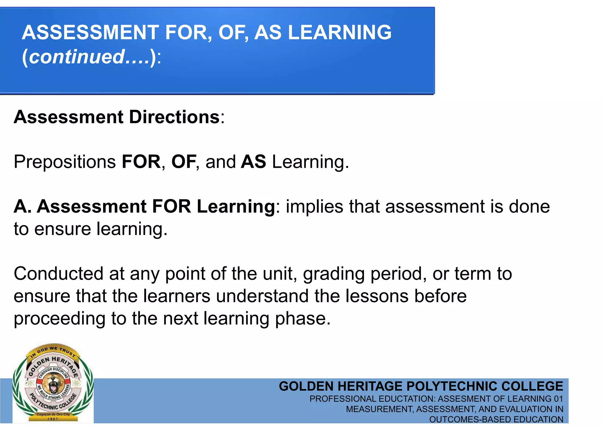 Measurement Assessment and Evaluation in Outcomes-based Education (02 ...