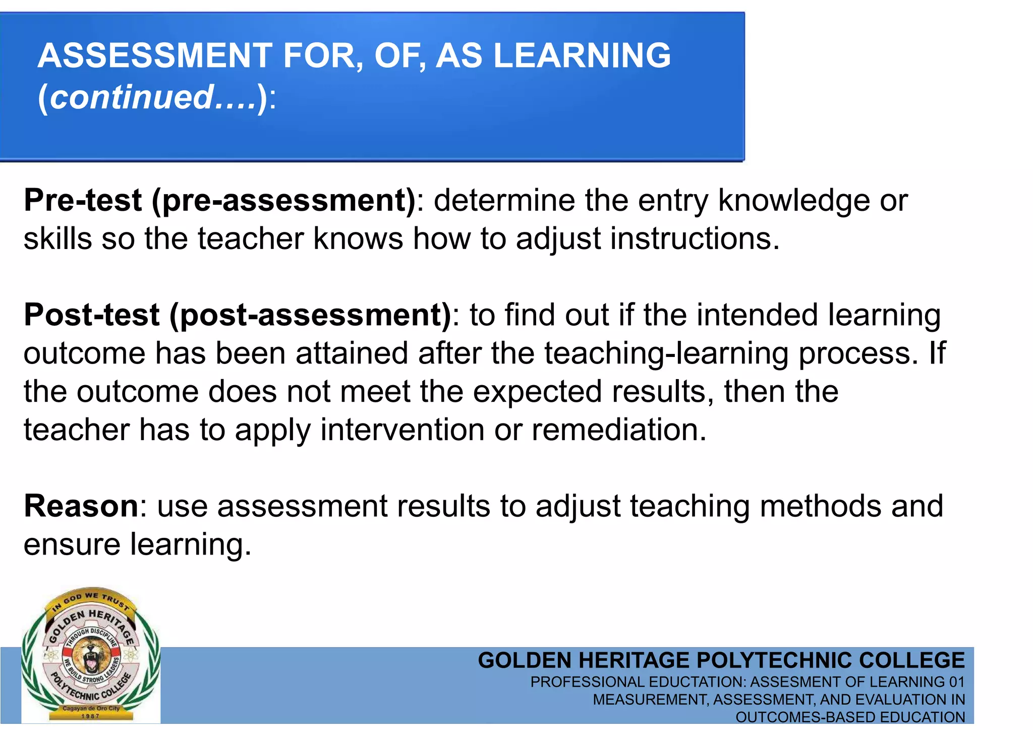 Measurement Assessment and Evaluation in Outcomes-based Education (02 ...