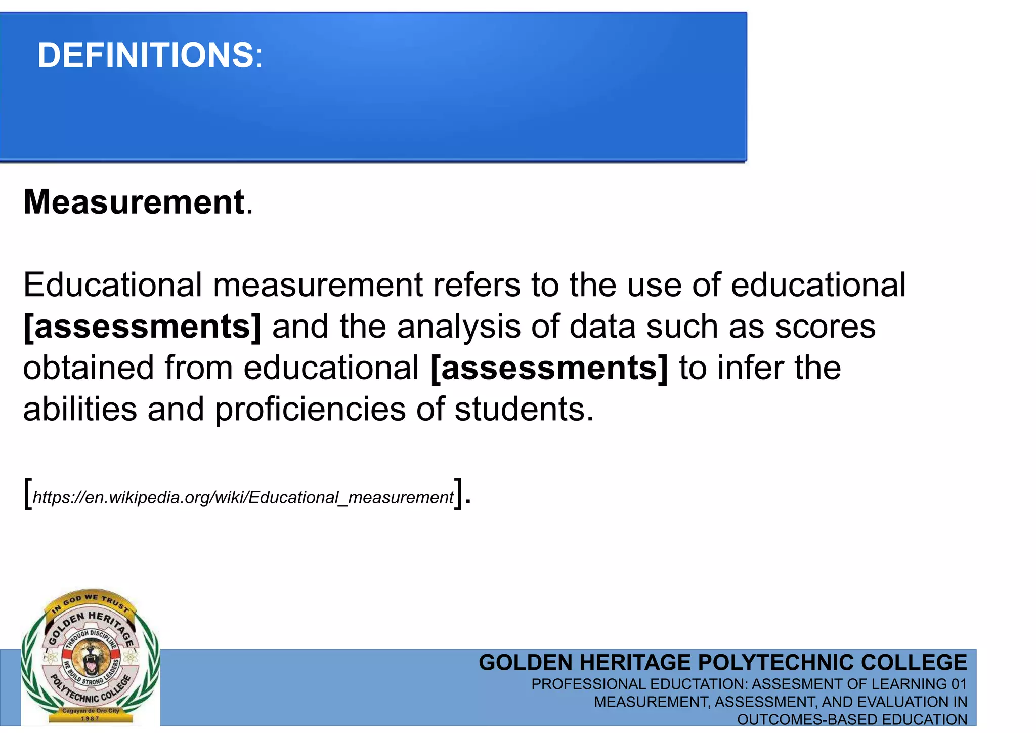 Measurement Assessment and Evaluation in Outcomes-based Education (02 ...