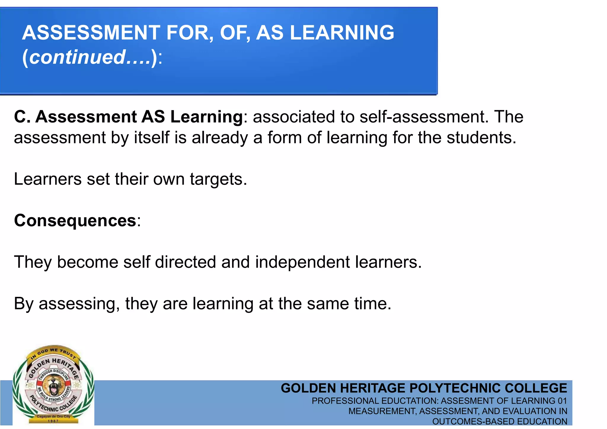 Measurement Assessment and Evaluation in Outcomes-based Education (02 ...