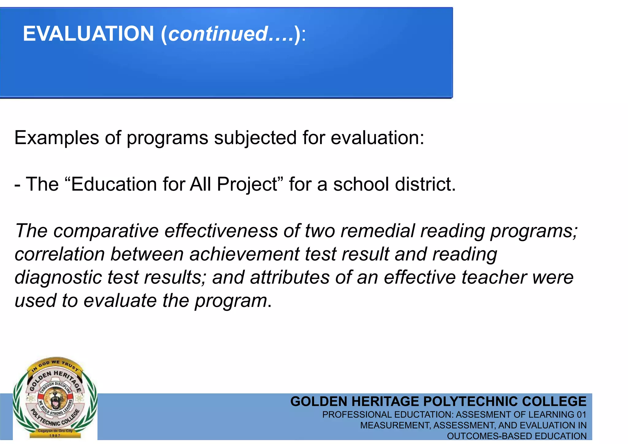 Measurement Assessment and Evaluation in Outcomes-based Education (02 ...