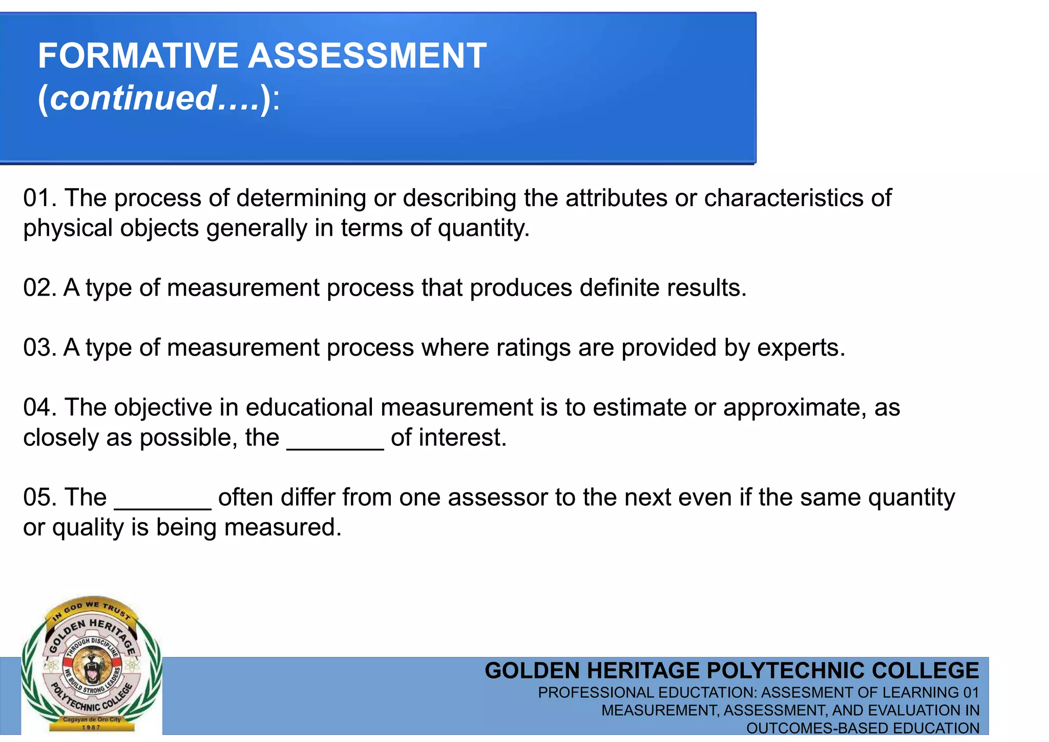 Measurement Assessment and Evaluation in Outcomes-based Education (02 ...