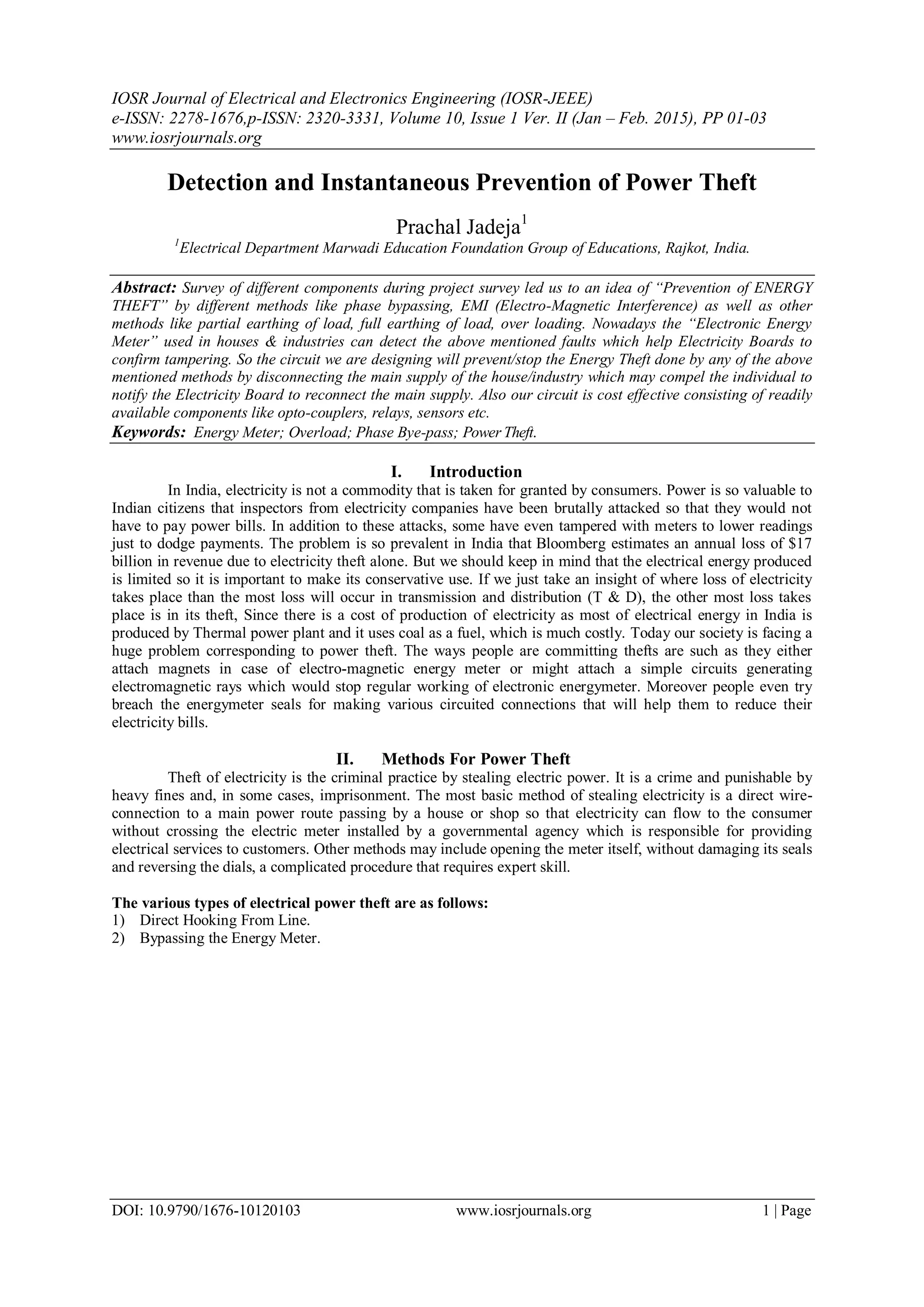 Detection and Instantaneous Prevention of Power Theft | PDF