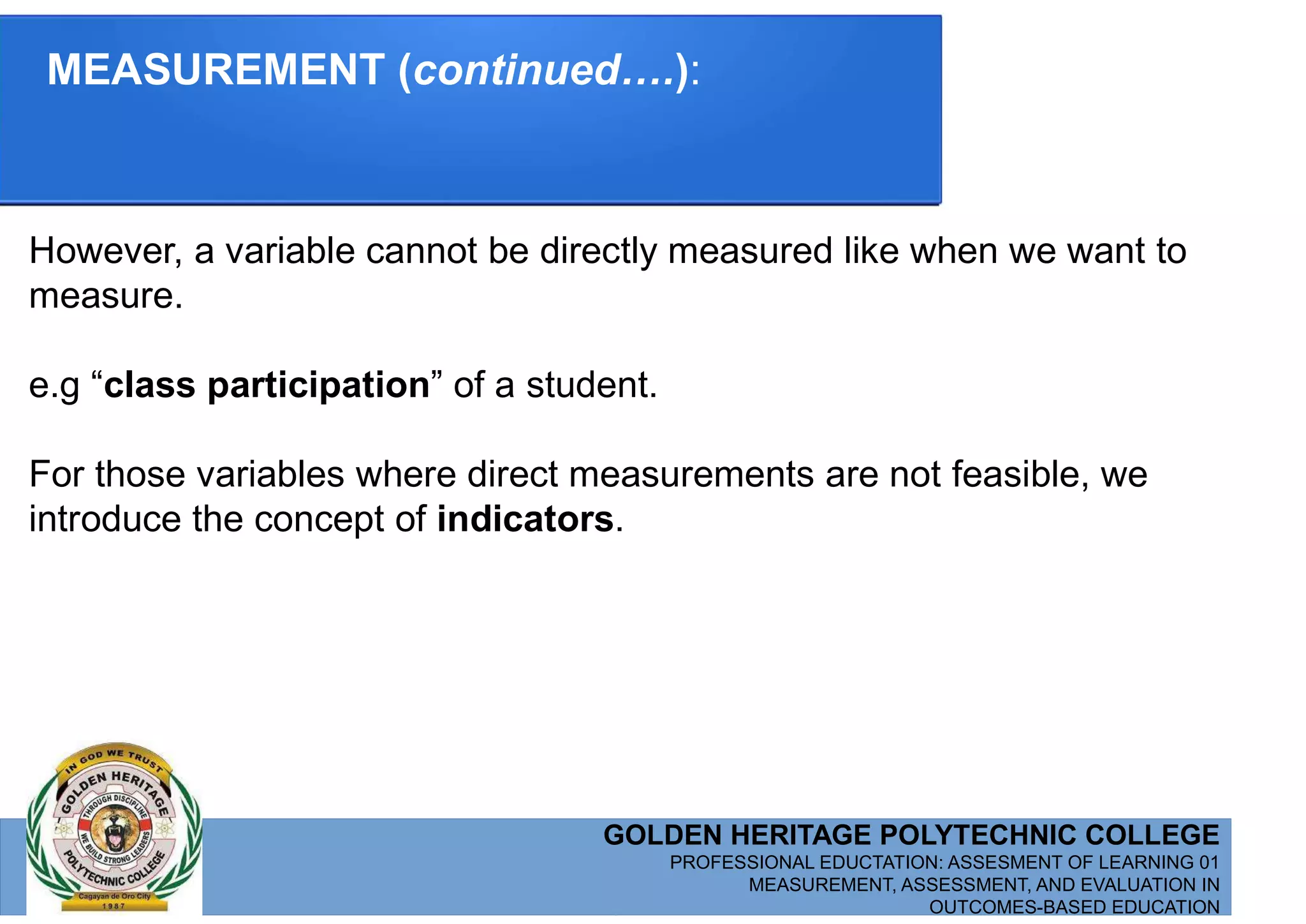 Measurement Assessment and Evaluation in Outcomes-based Education (02 RBEC_LOTS Generic) | PDF