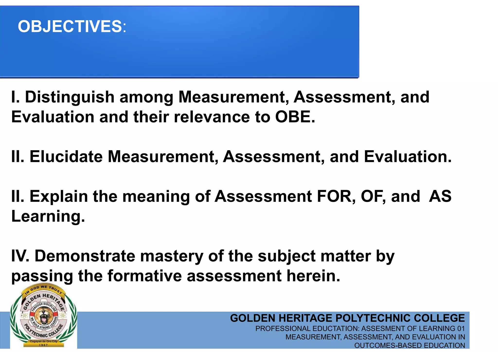 Measurement Assessment and Evaluation in Outcomes-based Education (02 ...