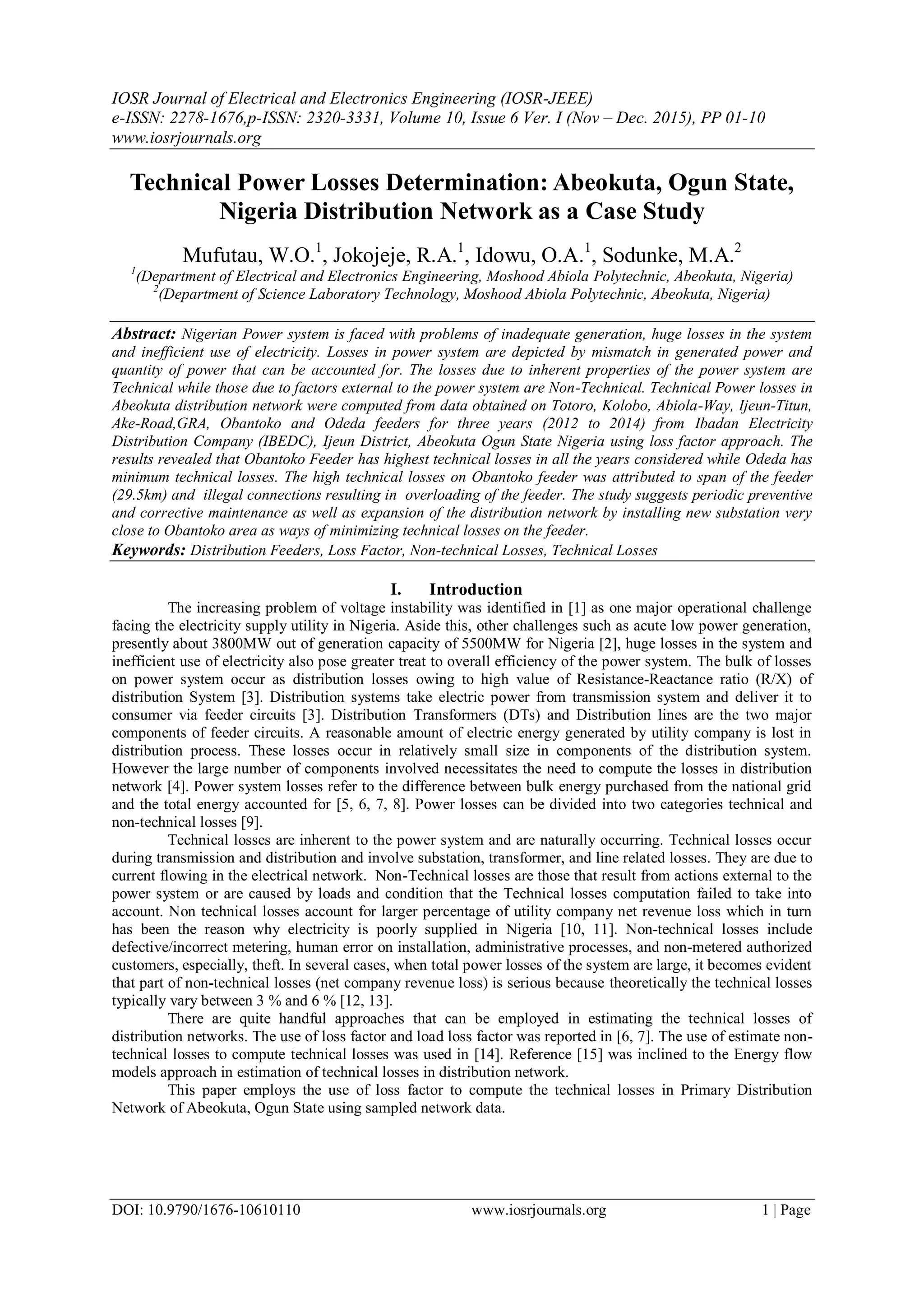 Technical Power Losses Determination: Abeokuta, Ogun State, Nigeria Distribution Network as a ...