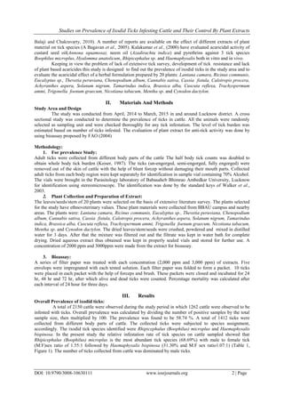 Studies on Prevalence of Ixodid Ticks Infesting Cattle and Their ...