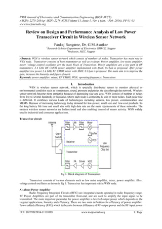 Review on Design and Performance Analysis of Low Power Transceiver Circuit in Wireless Sensor ...