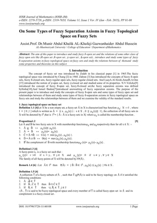 On Some Types of Fuzzy Separation Axioms in Fuzzy Topological Space on Fuzzy Sets | PDF